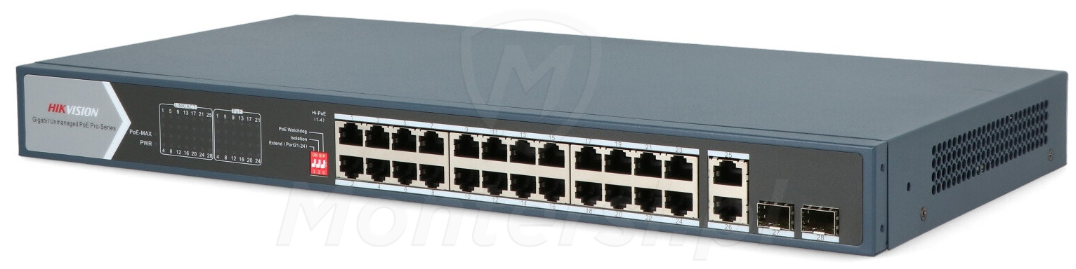 DS-3E0528HP-E - 26-portowy switch, 24x PoE 370W af/at/bt, 2x SFP - Montersi.pl