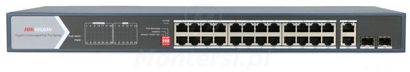DS-3E0528HP-E - 26-portowy switch, 24x PoE 370W af/at/bt, 2x SFP - Montersi.pl