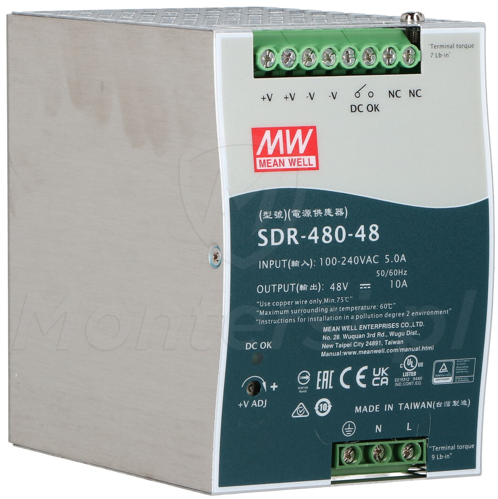 SDR-480-48 - Zasilacz na szynę DIN 48V/10A - Montersi.pl